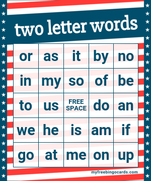 Kids two letter words bingo